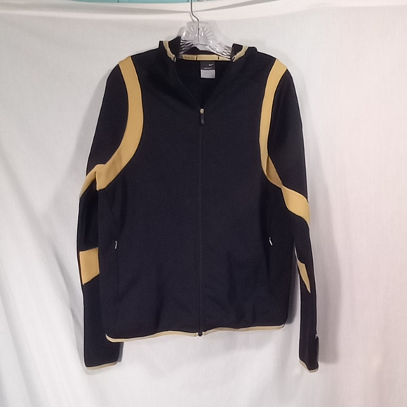 Nike | Jackets & Coats | Nike Thermafit Black With Gold Striped Full ...